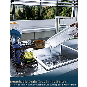 Consumest Sink Caddy Kitchen Sink Organizer, SUS304 Stainless Steel Sponge Holder for Kitchen Sink, Double-Layer Soap Sponge and Brush Holder with Removable Drain Tray, Bronze