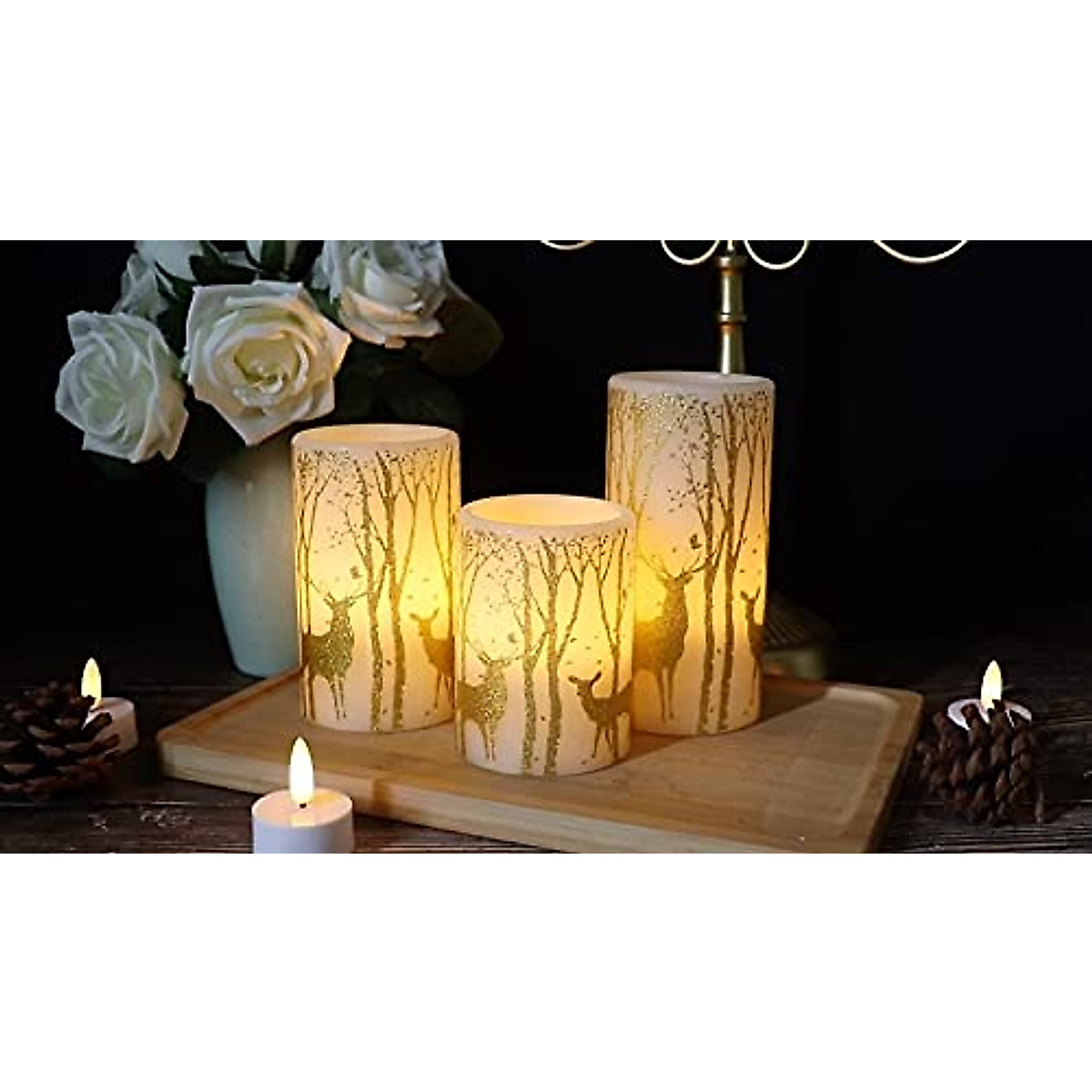 GenSwin Flickering Flameless Candles Battery Operated with 6 Hours Timer, Real Wax Led Pillar Candles Deer Decal Warm Light, Pack of 3 Christmas Home Decor