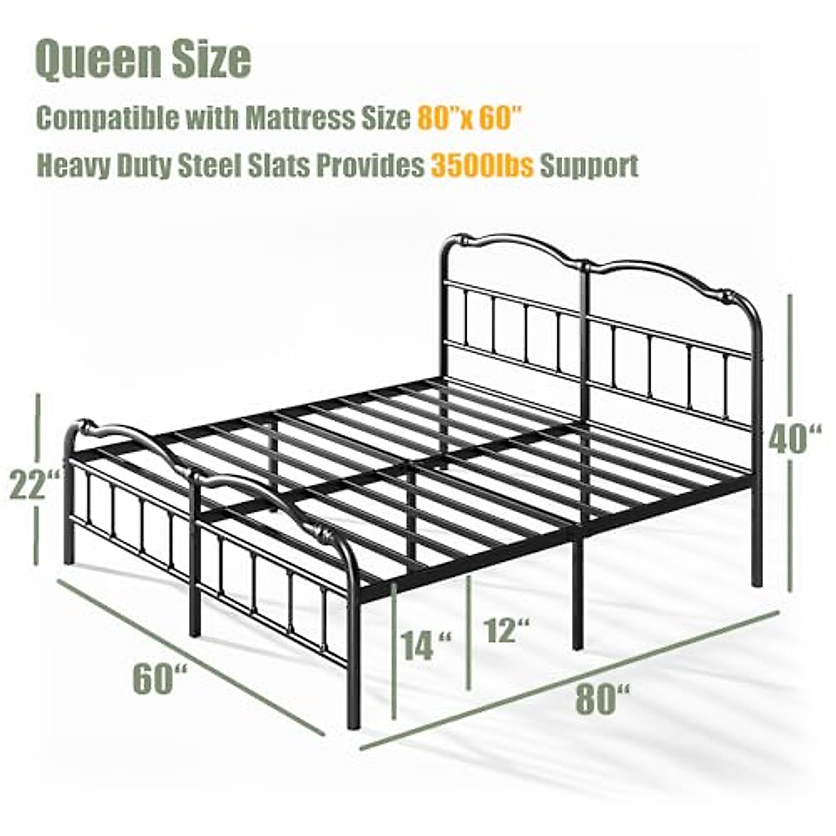 Cleaniago Queen Bed Frame with Headboard and Footboard, Vintage Style, Steel Slats, 14 Inch High and 3500 Pounds Weight Capacity, No Box Spring Needed Platform, Easy Assembly—Black
