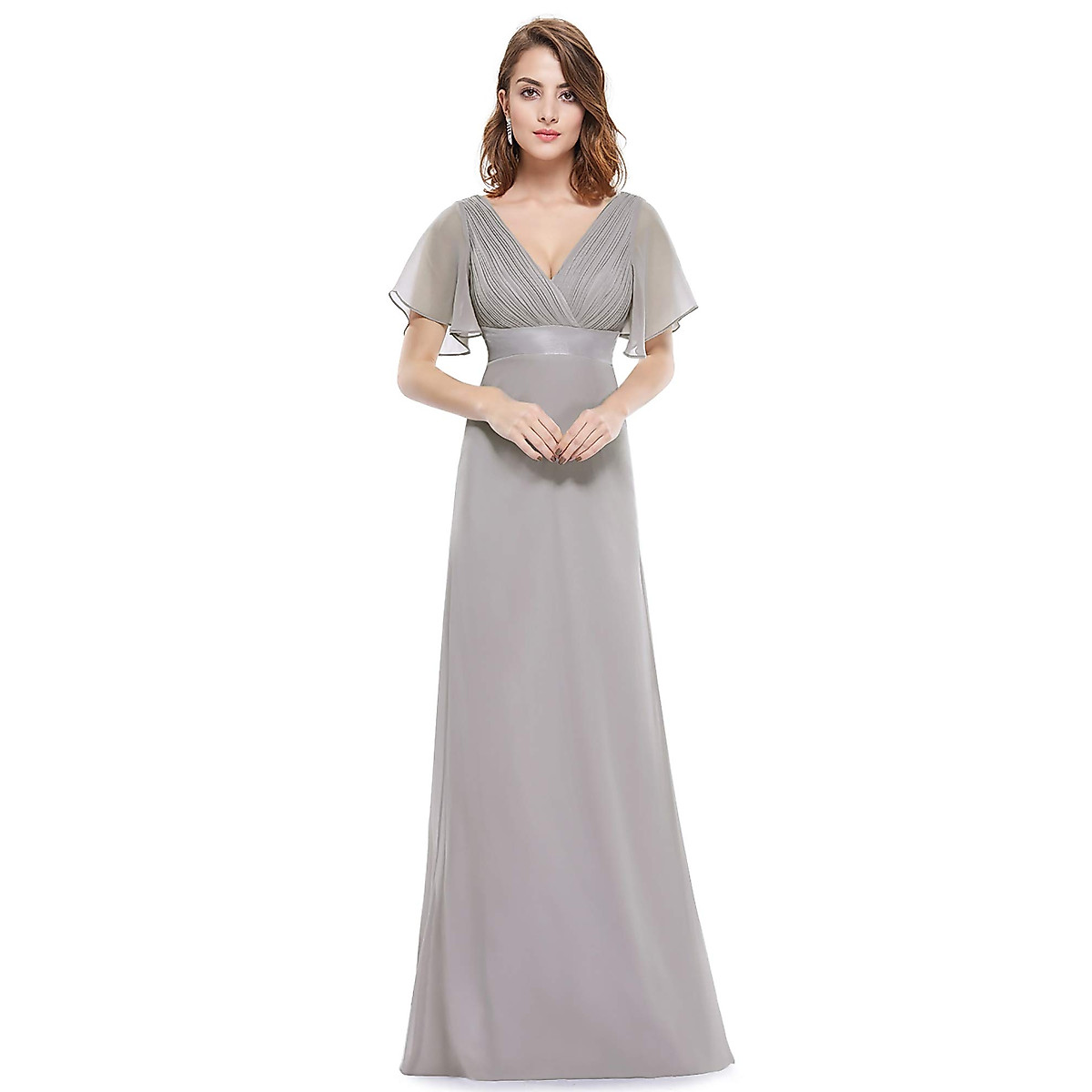 Ever-Pretty Women's Classic Chiffon Short Sleeve Pleated V-Neck Floor Length Bridesmaid Dresses Grey US14