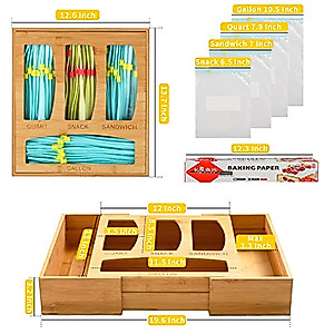 TITETE Ziplock Bag Organizer, 6 in 1 Bamboo Food Plastic Bag Storage for Drawer, Kitchen Drawer Organizer for Gallon, Quart, Sandwich & Variety Bags