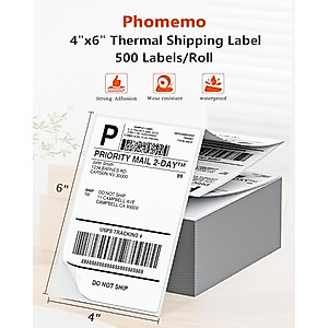 Phomemo 4x6 Thermal Direct Shipping Label, 4''x 6'' Fan-Fold Labels, Compatible with Rollo, MUNBYN, Zebra, Fargo Label Printer, 1 Pack of 500 Labels