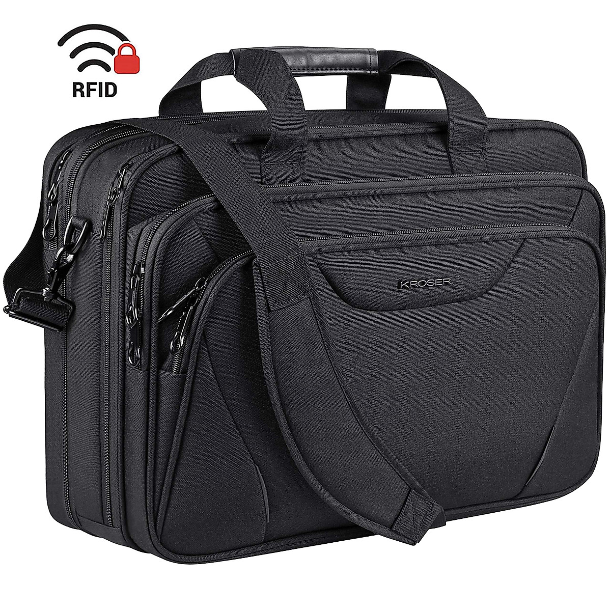 KROSER Laptop Bag Premium Laptop Briefcase Fits Up to 17.3 Inch Laptop Expandable Water-Repellent Shoulder Messenger Bag Computer Bag for Travel/Business/School/Men/Women-Black