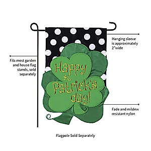 Evergreen Happy St Patrick's Day Garden Size Flag | Double Sided & 3D Applique Stitching Burlap |Green | 18-in x 12.5-in | Polka Dot Irish Clover | Outdoor Home Décor Lawn Yard Patio Deck Porch