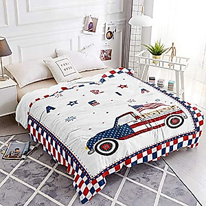 4th of July Throw Blanket, America Flag Farm Truck Fuzzy Soft Plush Independence Day Flannel Blankets Cozy Warm Fleece Bed Throws for Women/Men/Kids/Teens Blue Red White Buffalo Plaid 50x60In