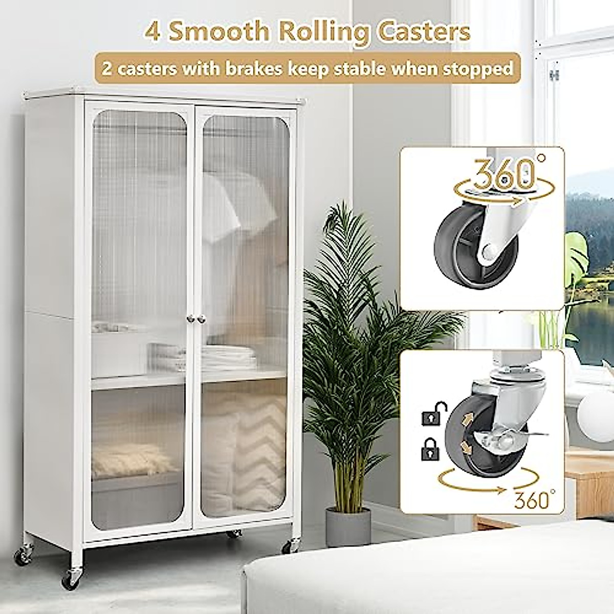 Giantex Closet Wardrobe, Portable Closet with Rollers, Mobile Metal Armoire Closet with Hanging Rod, Adjustable Shelf, Rolling Closet Storage Accent Cabinet, Armoire Clothes Organizer for Bedroom