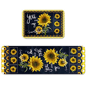 Sunflower Kitchen Rugs and Mats Set of 2 Area Runner Farm Floral Floor Bath Rugs Comfort Soft Standing Doormat Non Slip Carpet Black and Yellow