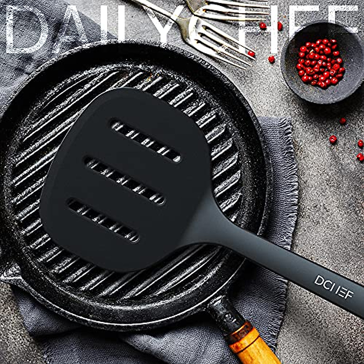 Dailychef Large Silicone XL Slotted Turner Black - Slotted Wide Spatula Pancake Flipper