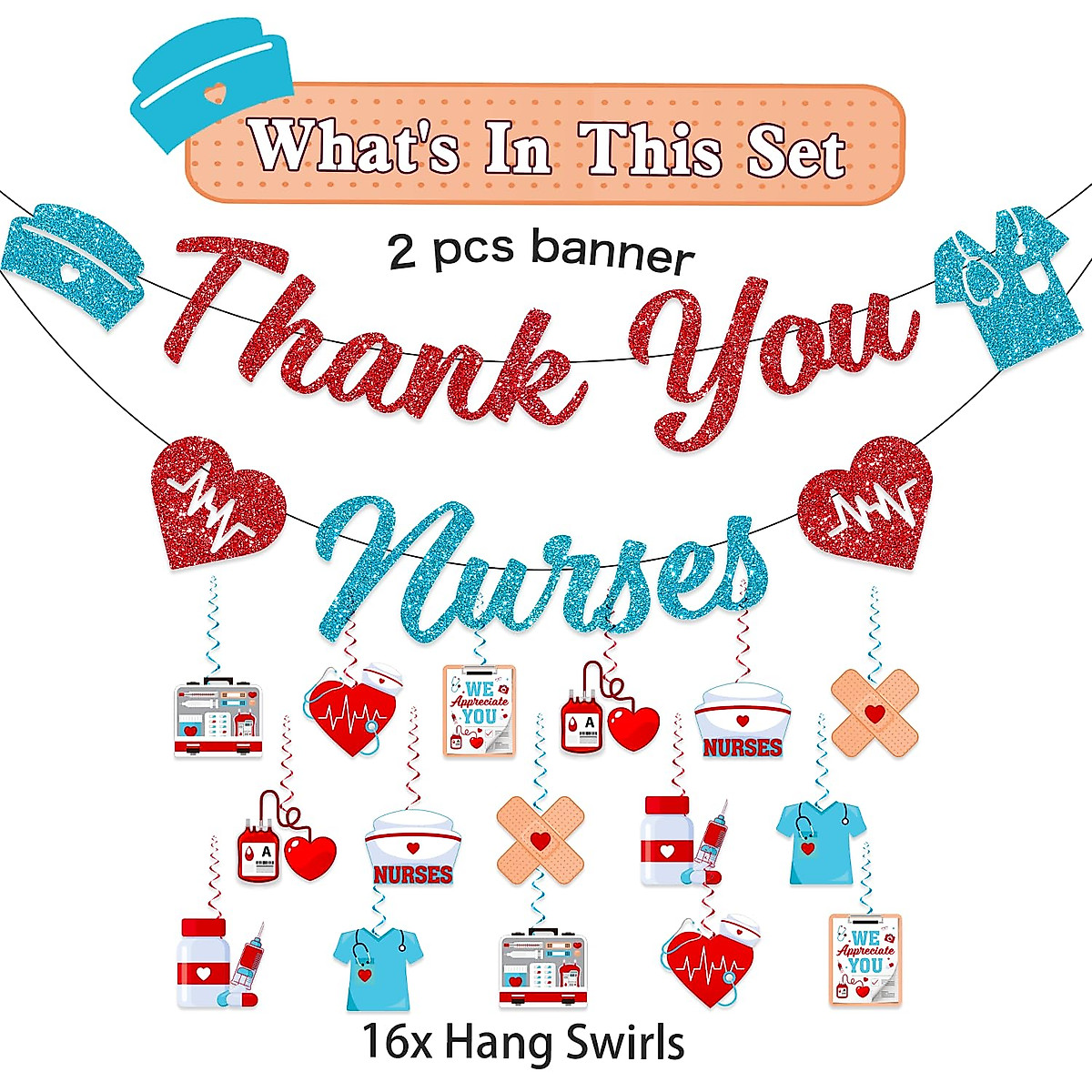 34Pc Nurse Appreciation Decorations, Nurse Party Decorations include Thank You Nurse Banner and 32Pc Happy Nurses Week Decorations Hanging Swirls, Medical Party Decorations for Appreciation Nurse