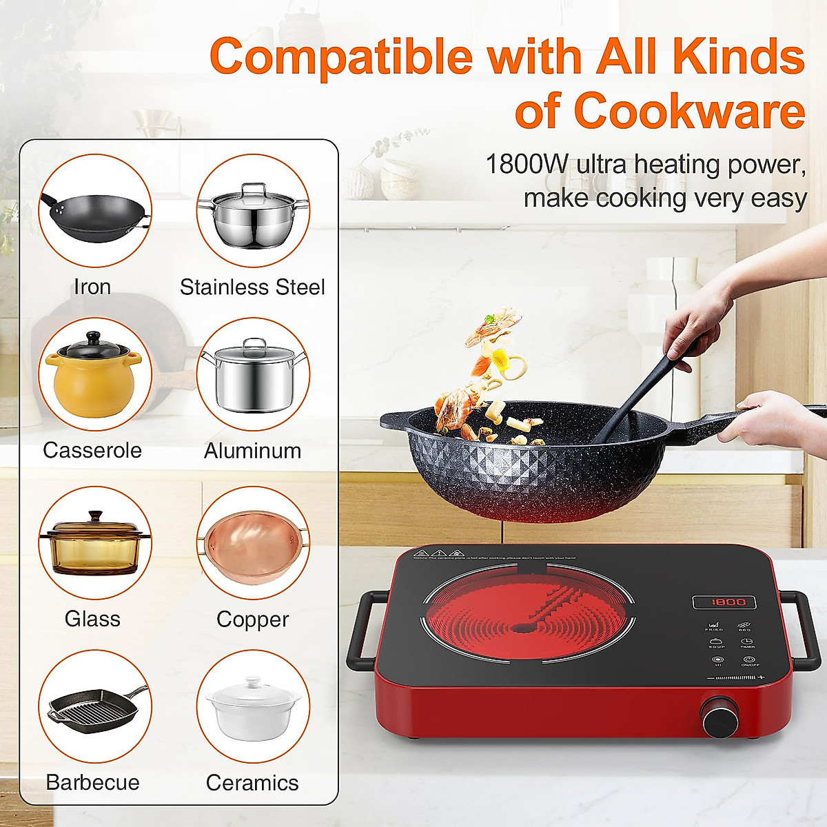 VBGK Electric Cooktop, 1800W Single Cooktops with 2 Handle, Electric Hot Plate for Cooking, Electric Stove top with 9 Power Level, 4H Timer Touch and Knob Control,Portable Induction Cooktop