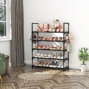 VTRIN Shoe Rack 5 Tier 20-25 Pairs Shoe Rack for Entryway Sturdy Shoe Organizer Storage for Closet Bedroom Dorm Heavy Duty Black Metal Shoe Shelf with Hooks