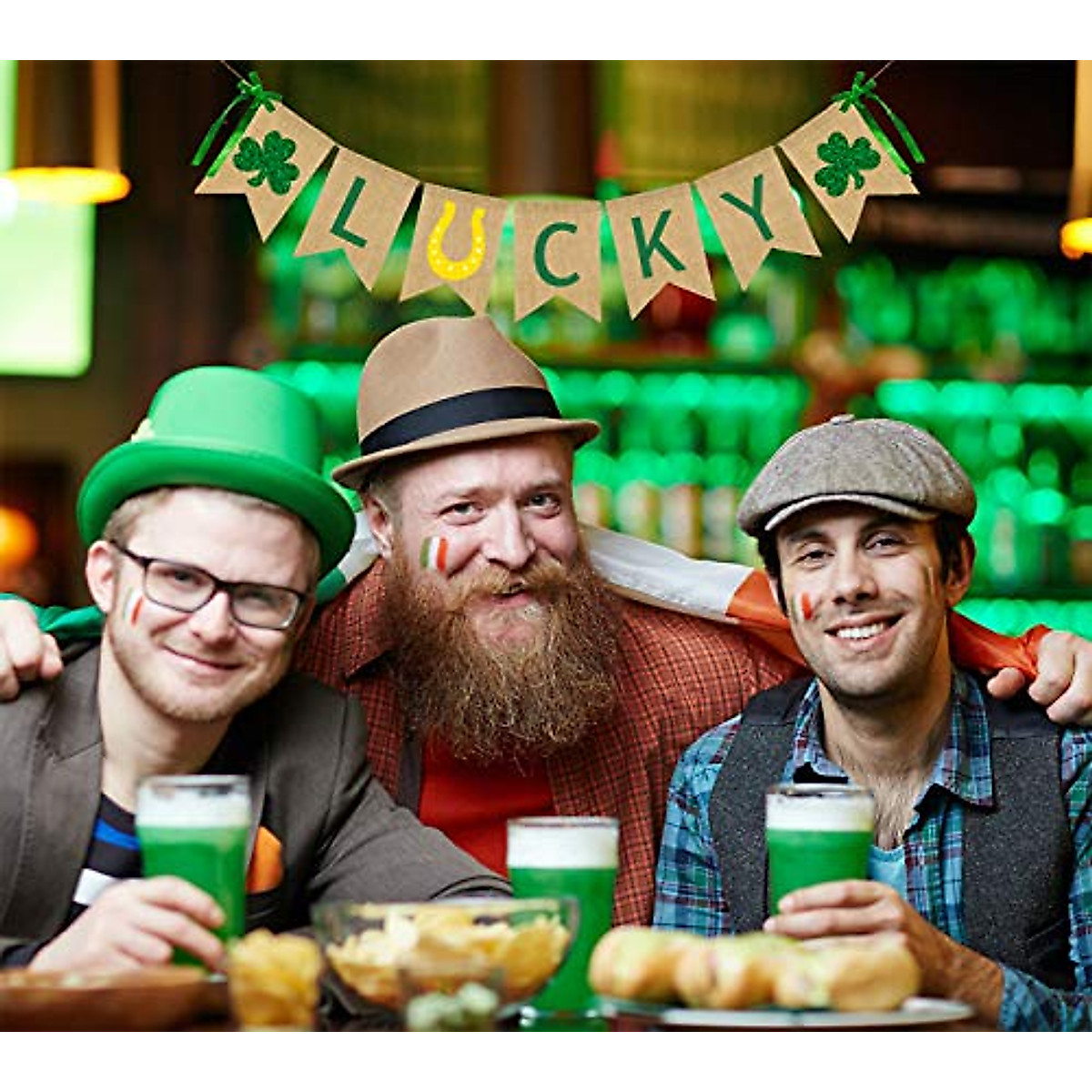 CAVLA Lucky Burlap Banner and Glitter Shamrock Banner St. Patrick's Day Green Shamrock Lucky Banner Garland with Bows Saint Patrick's Day Party Decorations for Irish Lucky Day St. Patty's Day Decor