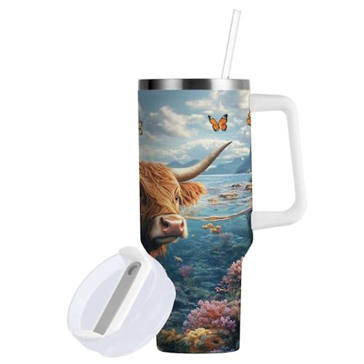 Slewiaeky Tumbler with Handle 40 oz Cow Cattle Kawaii Travel Mug with Lid and Straw Ocean Stainless Steel Vacuum Insulated Water Bottle Cup for Iced Tea Coffee Cold Beverages Cup Holder Friendly