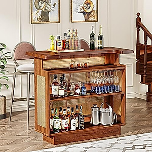 Tribesigns Rattan Home Bar Unit, Farmhouse 4-Tier Bar Table with 4 Stemware Racks and Heightened Base, Liquor Wine Bar Cabinet Mini Bar Table for Home Pub, Caramel Brown