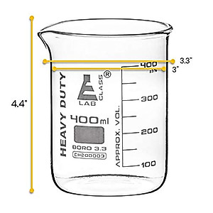 EISCO 6PK Heavy Duty Beakers, 400ml - 5mm Thick, Uniform Walls - Superior Durability & Chemical Resistance - White Graduations - Borosilicate 3.3 Glass