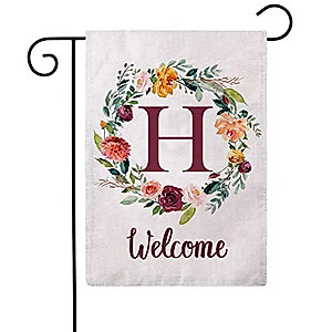 ULOVE LOVE YOURSELF Letter H Garden Flag with Flowers Wreath Double Sided Print Welcome Garden Flags Outdoor House Yard Flags 12.5 x 18 Inch