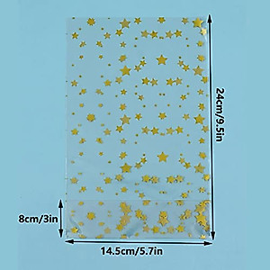 Gold Cellophane Bags,Star Cellophane Treat Bags with Twist Ties,Thick Plastic Small Cello Bags for Bakery,Cookies, Dessert Candy Buffet Supplies (50 Pack)
