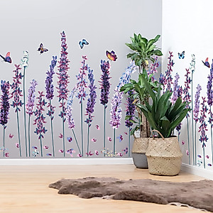 RW-1028 3D Flowers Wall Decals Purple Lavender Wall Stickers Flower Plant Butterfly Decoration DIY Removable Garden Lavender Floral Wall Art Decor for Kids Girls Bedroom Living Room Nursery Office