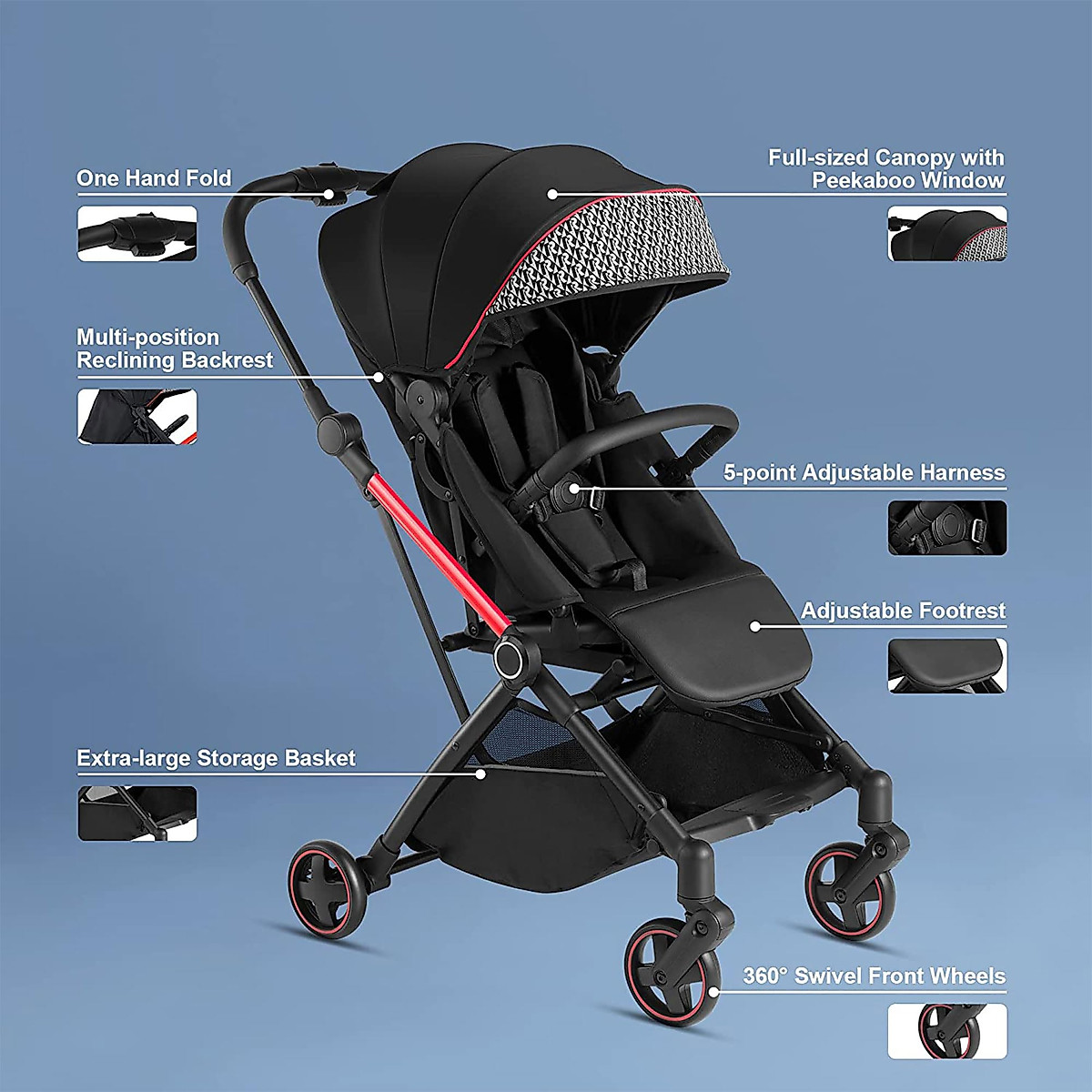 RoyalBaby Lightweight Baby Stroller w/ Compact Fold Travel Stroller Design, Plane-Friendly Stroller for Toddlers & Infants, Oversize Canopy & Visor