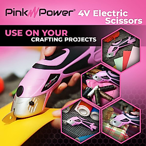Pink Power Electric Fabric Scissors for Crafts, Sewing, Cardboard, Carpet & Scrapbooking - Heavy Duty Cutting Tool, Automatic Cordless Electric Scissors Fabric Cutter & Rotary Cutter Set (Pink)