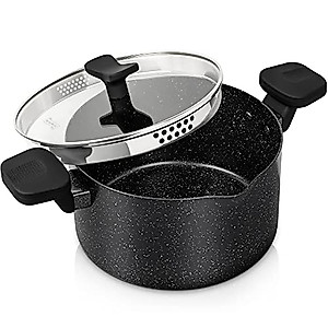 MICHELANGELO Pasta Pot with Strainer Lid, 6 Quart Stock Pot with Twist and Lock Handles, Nonstick Soup Pot with Granite Coating, Spaghetti Pot Induction Compatible, Black