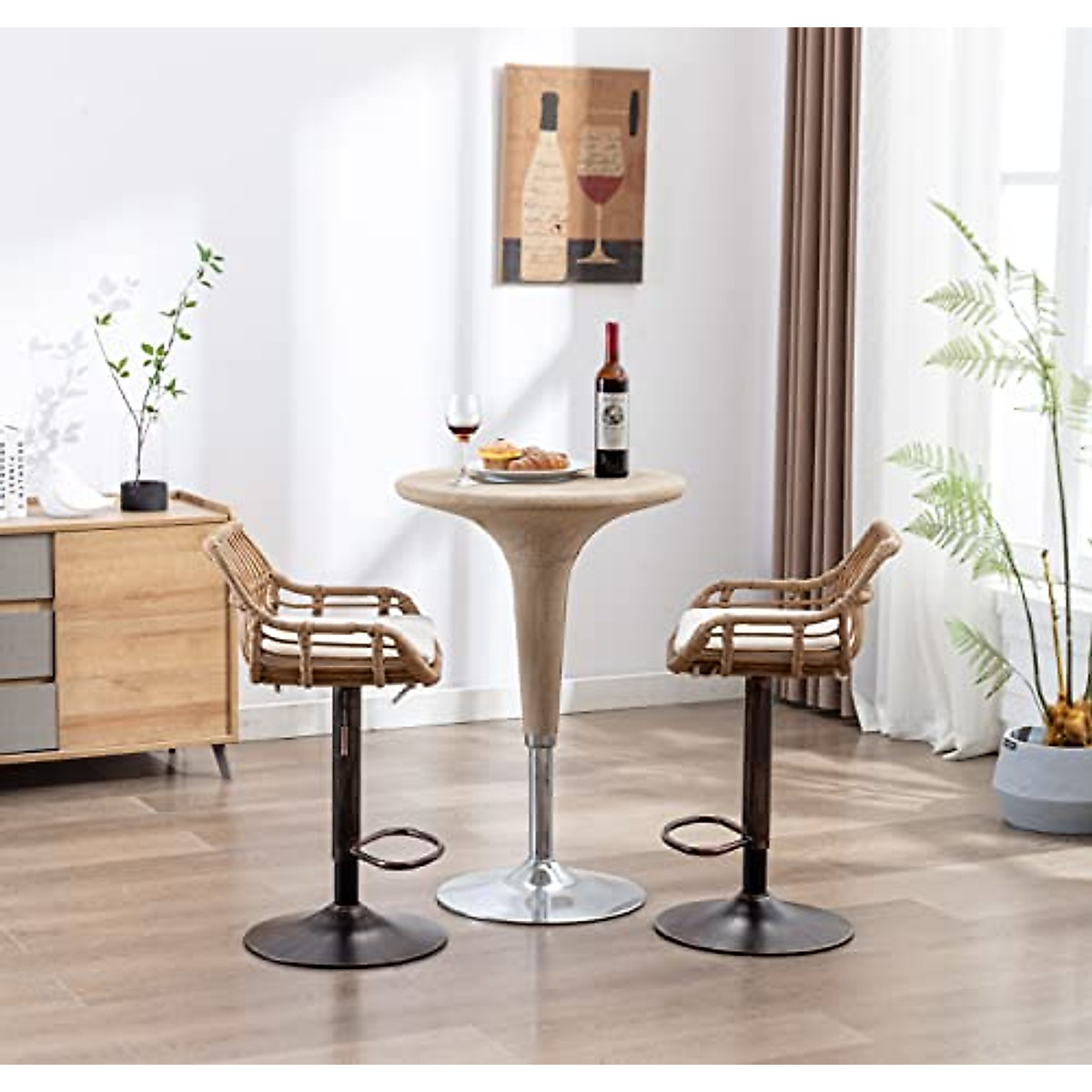 Kakotito Rattan Bar Stools, Adjustable Barstools with Linen Cushion, 360° Swivel Bar Stool with Low Back & Footrest, Classical Barstool Set of 2 for Kitchen and Bar (Brown)