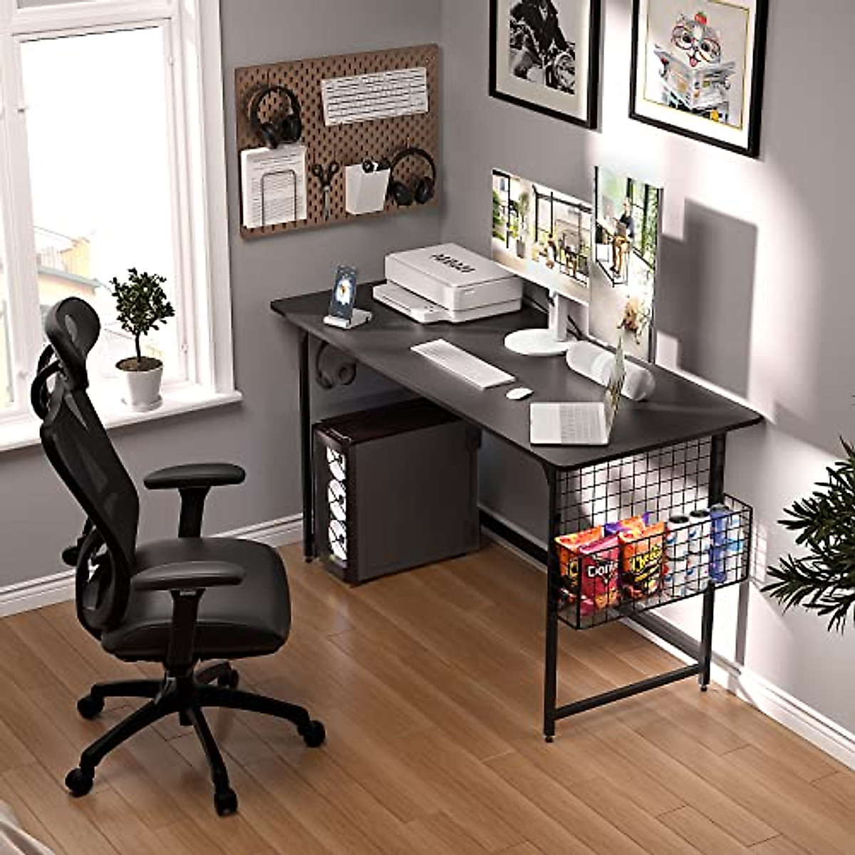 Pamray 47'' Rounded Corner Home Office Desk with Thickened Bottom Crossbar and Cable Trough & Cable Management Simple Computer Desk for Work and Gaming, Black