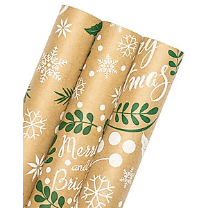 WRAPAHOLIC Kraft Christmas Wrapping Paper Roll - Mini Roll - 3 Rolls - 17 Inch X 120 Inch Per Roll - Christmas Wreath Leaves and Merry Christmas Lettering Holiday Collection