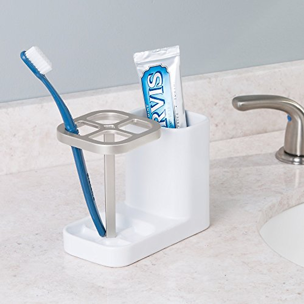 iDesign Sedona Ceramic Toothbrush and Toothpaste Holder for Bathroom Vanity Countertop or Medicine Cabinet -5.75" x 3.10" x 4.49", Satin White/Nickel