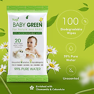Baby Green Wipes Unscented compostable Organic Biodegradable – Travel Pack (12 Packs of 20) 240 for Sensitive Skin