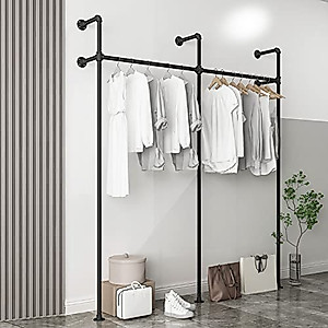 LANJIN Industrial Pipe Clothing Rack On Wall,Moden Wall Mounted Closet Storage Rack,Hanging Clothes Retail Display Rack,Heavy Duty Steampunk Garment Racks,Black & Double A