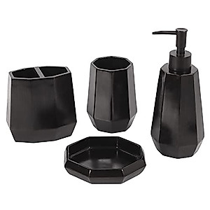 MyGift 4 Piece Modern Matte Black Resin Bathroom Accessories Set with Multifaceted Design Includes Soap Dish, Tumbler, Toothbrush Holder and Pump Dispenser