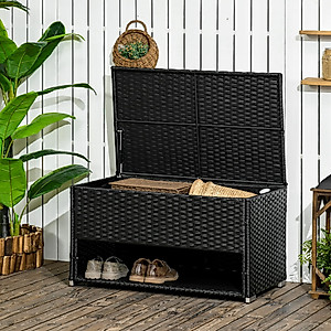 Outsunny Outdoor Deck Box and Shoe Storage, PE Rattan Wicker Towel Rack with Liner for Indoor, Outdoor, Patio Furniture Cushions, Pool, Toys, Garden Tools, Black