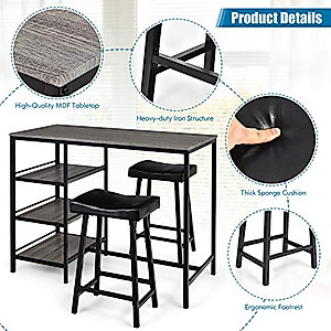 Giantex 3 Piece Dining Table Set, Counter Height Pub Table & Chairs Set, 3 Tier Storage Shelves, Kitchen Table Set, Industrial Bar Table with 2 Pub Stools Upholstered, 47 x 23.5 x 36 Inch