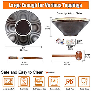 ARTISENO Ceramic Ramen Bowl Set- 2 Sets of 60oz Japanese Ramen Bowl with Chopsticks and Spoons, Ramen Noodle Bowl, Pho Bowls, Cute Bowl, Udon Ramen bowls, Noodle Bowl with Chopsticks, Black