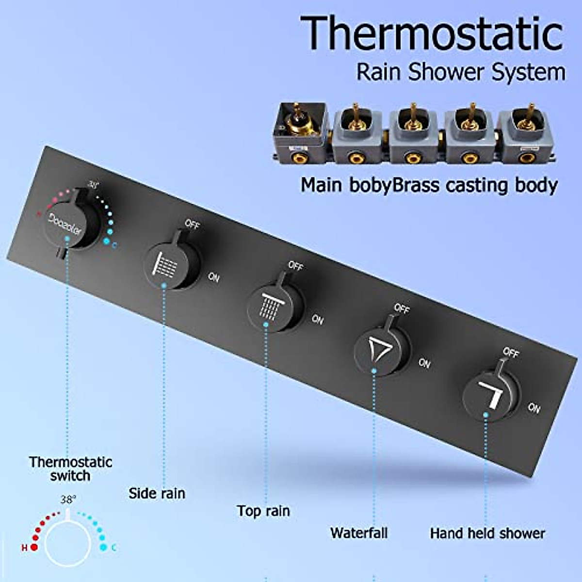 Doozoler Thermostatic Shower System with Body Jets, 23 Inch Matte Black Full Body Shower System with Rain Waterfall Shower, Smart Shower Jets System In Wall with LED Light & Music