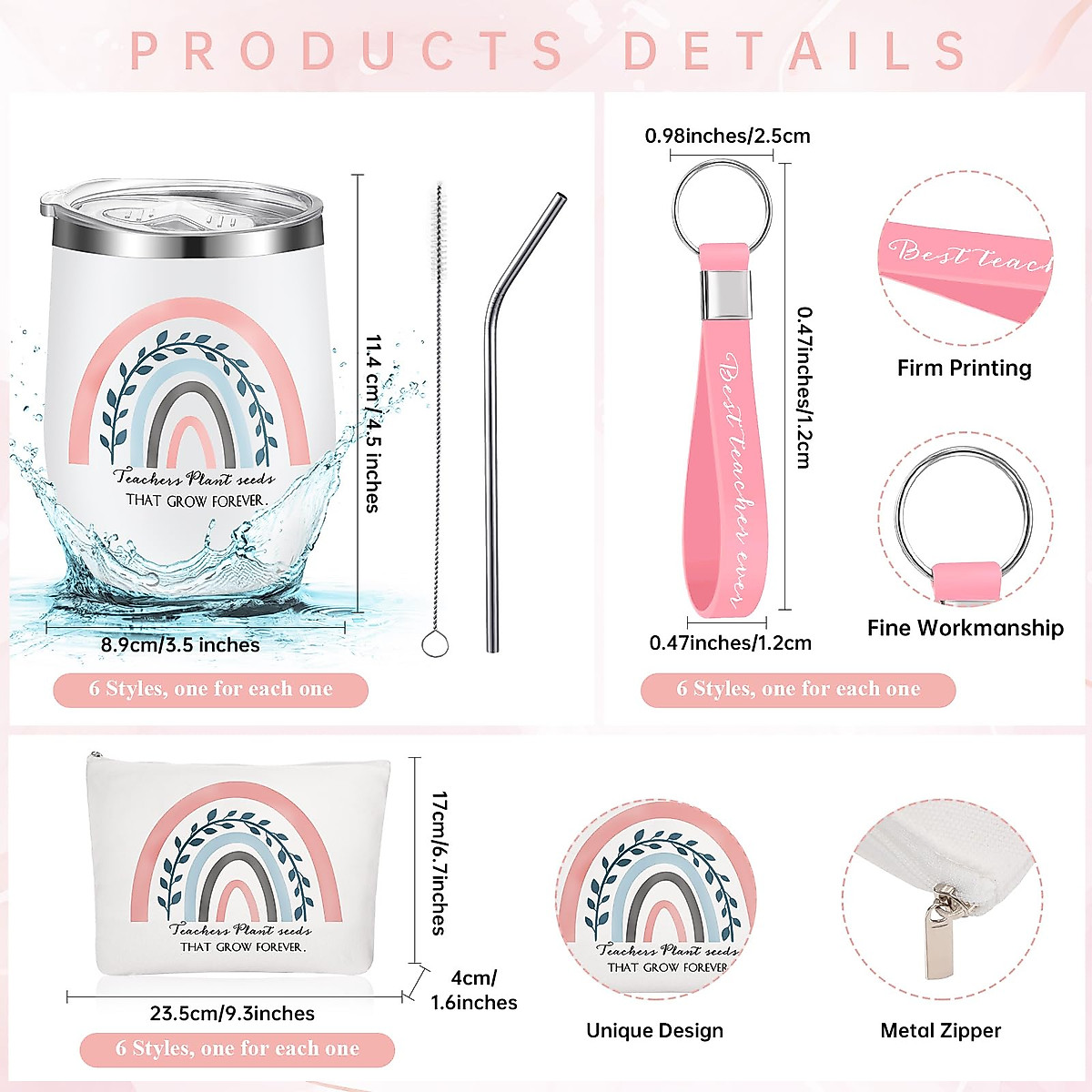 Rtteri 6 Set Teacher Appreciation Gifts Bulk 12 oz Rainbow Tumbler with Lid Straw Brush Keychains Makeup Bags Thank You Teacher Gift Back to School Appreciation Gift Set for Birthday Graduation Women