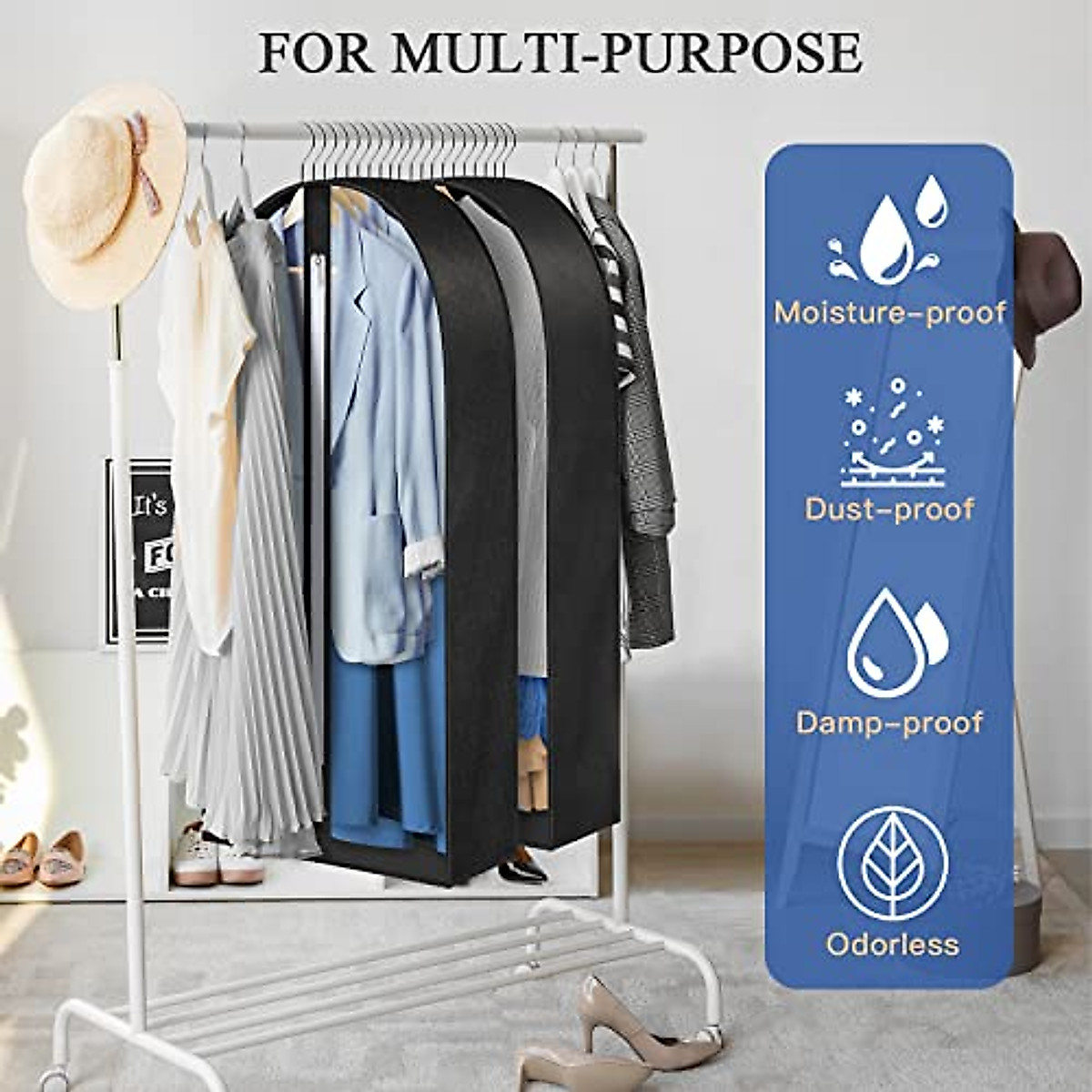 FADOTY 40" Garment Bags for Hanging Clothes 6.3" Gusseted Hanging Garment Bag for Storage Jacket Covers for Closet with Zipper Clear Garment Cover Dustproof for Coats Sweaters, 3 Pack, Black