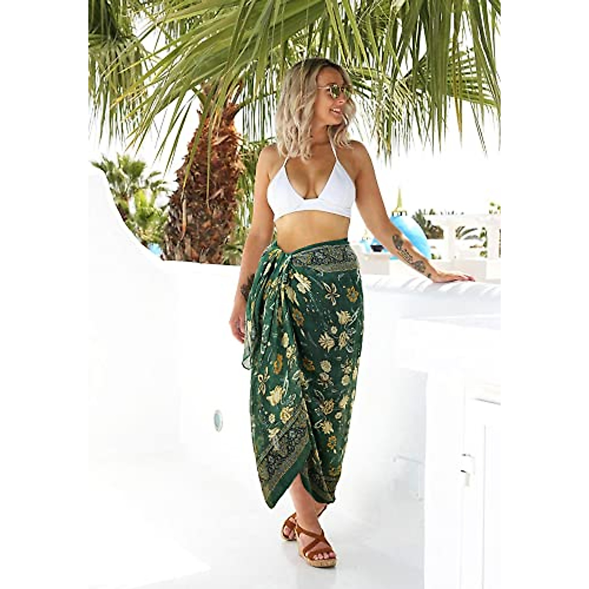 GERINLY Lightweight Scarves Fashion Flowers Print Shawl Wrap Scarf For Women Forest Green Accessory for Beach Boho Scarf (Green)