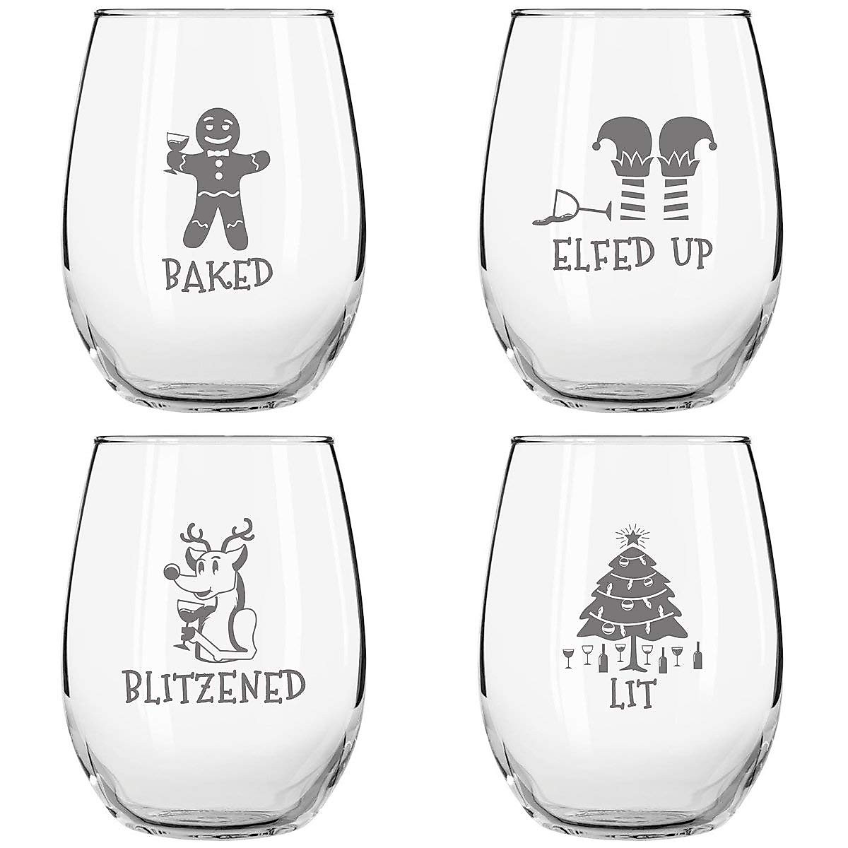 Drunk Christmas Funny Stemless Wine Glasses Set of 4 | Hilarious Christmas Themed Wine Glass for Holiday Party | 4 Designs | 15 oz Cheerful Party Cups & Gift Exchange Idea for White Elephant, Xmas