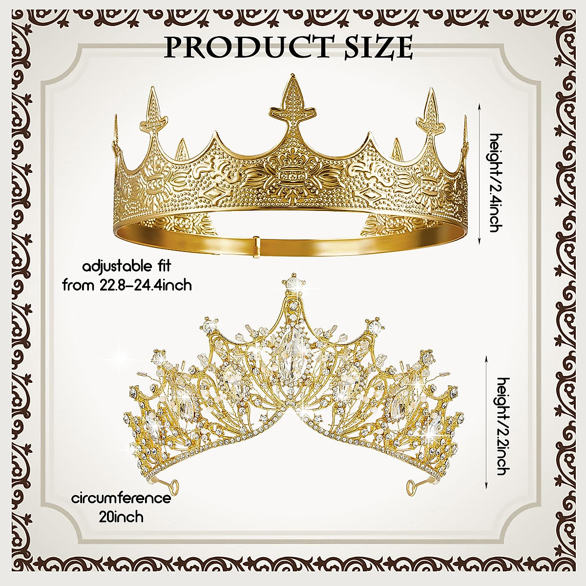Sureio 2 Pcs Antique Royal King Crown for Men Baroque Queen Crown for Crystal Tiara Prom Cosplay Birthday Wedding Party Hair Headband Accessories(Vivid Style)