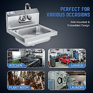 Profeeshaw Stainless Steel Sink Commercial Wall Mount Hand Washing Basin NSF Certified, with Gooseneck Faucet and Backsplash, for Restaurants, Stores, Bars and Home, 17" x 15"