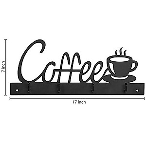 MyGift Black Metal Coffee Mug Rack Wall Mounted Holder with 4 Hooks and Coffee Word Sign and Cup Cutout Design