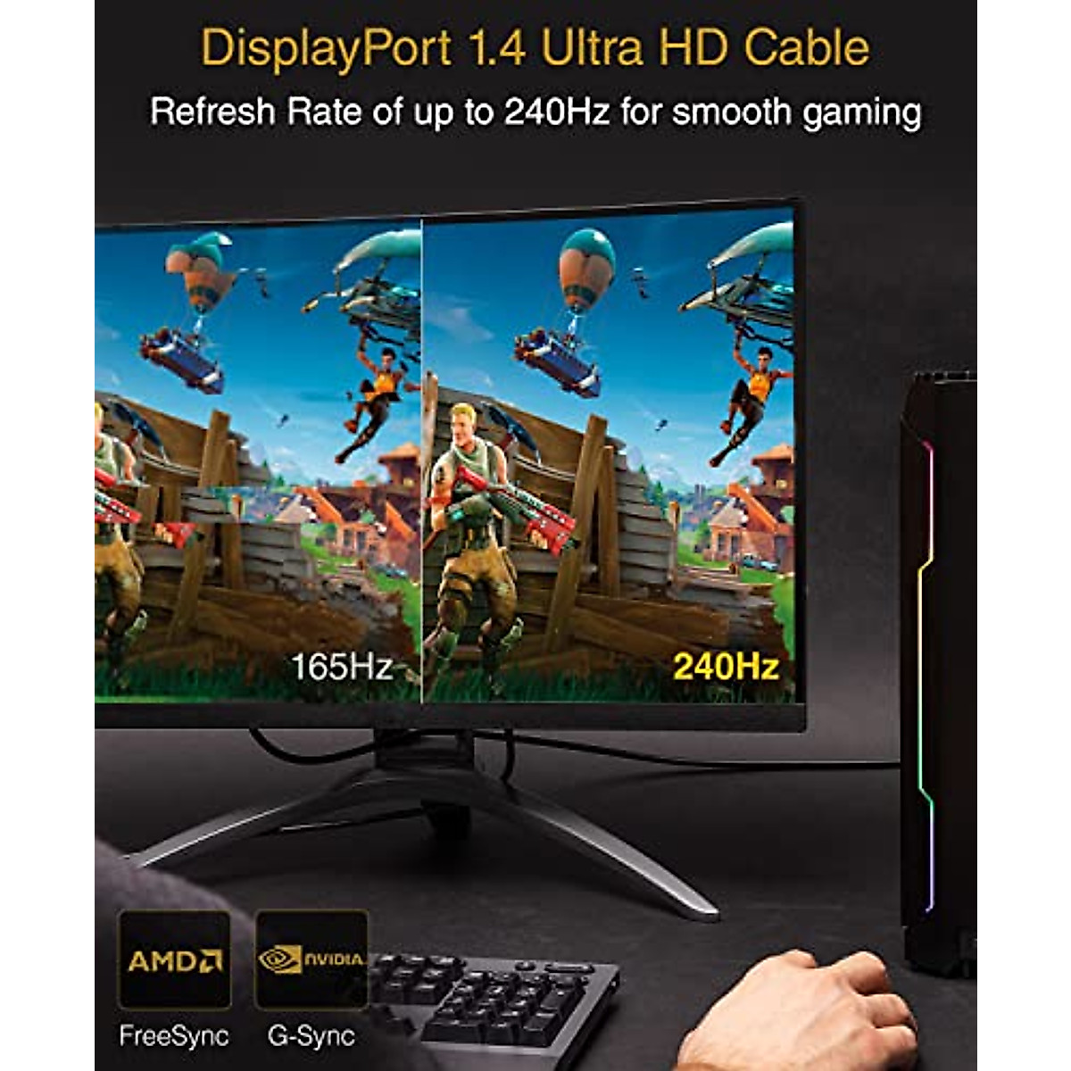 BlueRigger 8K DisplayPort Cable 1.4 (10FT, 32.4Gbps, HDR10+, DP to DP, 8K@60Hz, 4K@144Hz, 2K@165Hz, 1080p@240Hz) Display Port 144Hz per VESA Specifications for Laptop PC Graphics Card, Gaming Monitor
