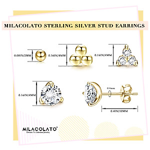 Milacolato Tiny Stud Earrings Set for Women 14K Gold Plated Sterling Silver Small Ball Trio Ball CZ Studs Round Cubic Zirconia Simulated Diamond Earring Minimalist Tragus Cartilage Piercing
