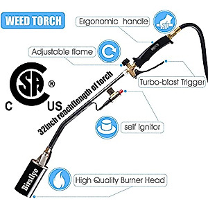 Propane Torch Weed Burner,Blow Torch,High Output 500,000 BTU,Flamethrower with Turbo Trigger Push Button Igniter and 9.8 FT Hose,for burning weeds,Roof Asphalt, ice snow,Road Marking,Charcoal