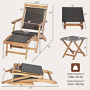 Tangkula Patio Lounge Chair and Side Table Set, Acacia Wood Wicker Folding Table and Armrest Chair with Retractable Ottoman, Acacia Wood Outdoor Chaise Lounger for Garden, Backyard, Poolside, Balcony