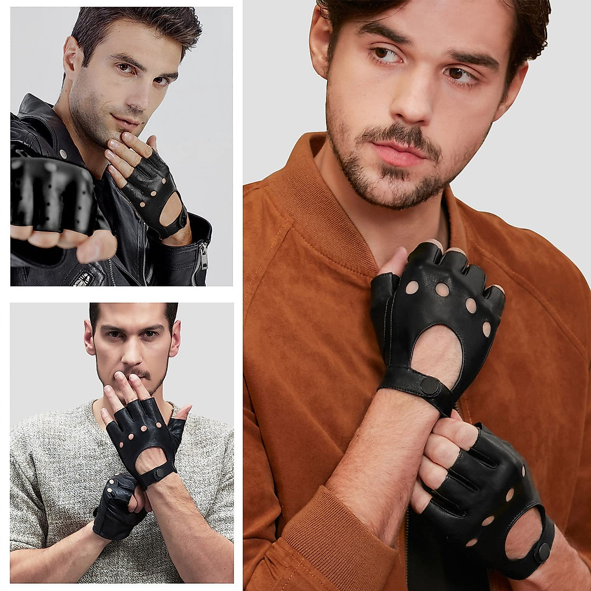 GSG Mens Fingerless Leather Gloves Driving Cycling Motorcycle Half Gloves Unlined X-Large Black