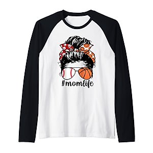 Mom Life, Basketball, Baseball, Mothers Day, Messy Bun Raglan Baseball Tee