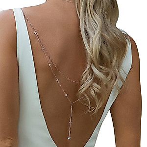 Elegant Gold Wedding Rhinestone Back Chain Necklace Double Layered Bridal Crystal Back Chain Jewelry Rhinestone Backdrop Necklace Crystal Shoulder Necklace Body Chain Jewelry for Women(Rhinestone)